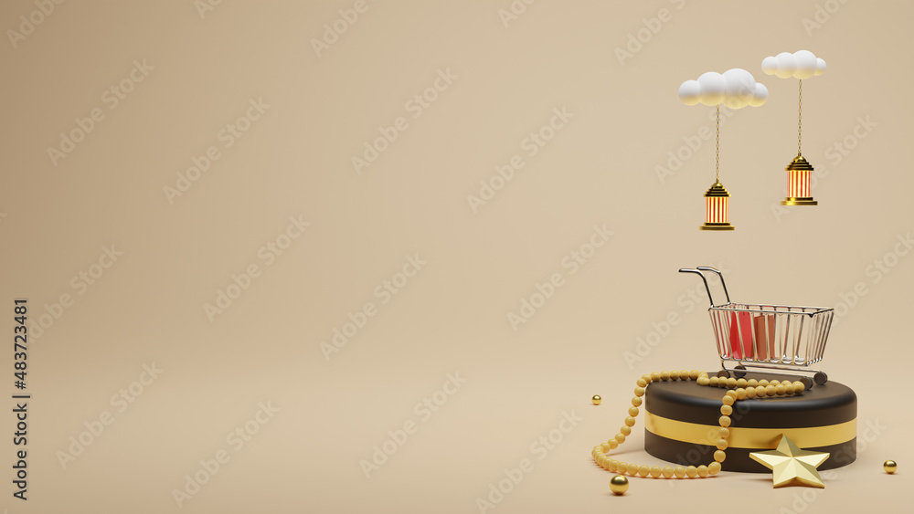 3d Islamic tasbih and big cart on the podium Ramadan Islamic post ...