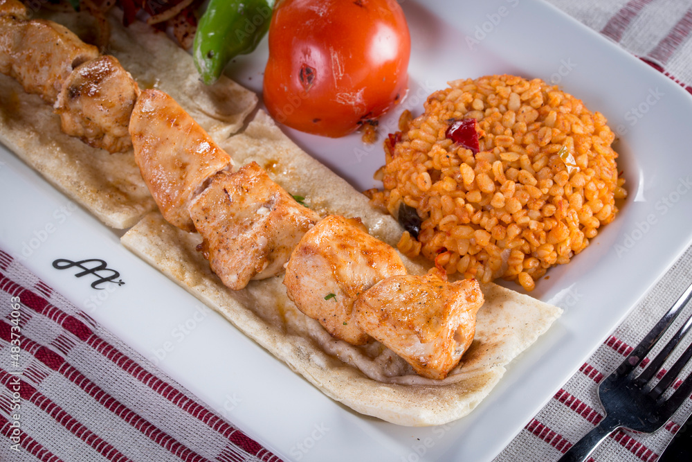traditional chicken skewer with bulgur pilaf tavuk sis kebab Stock ...