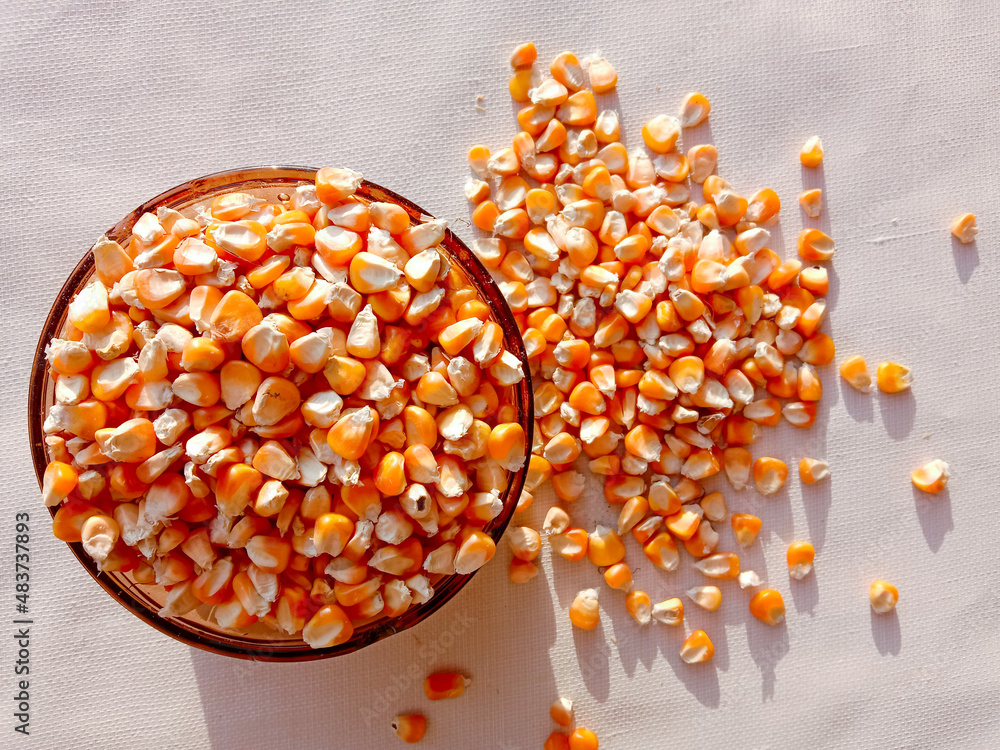 Pile of dry Corn grains, seeds, kernels in bowl on isolated White ...