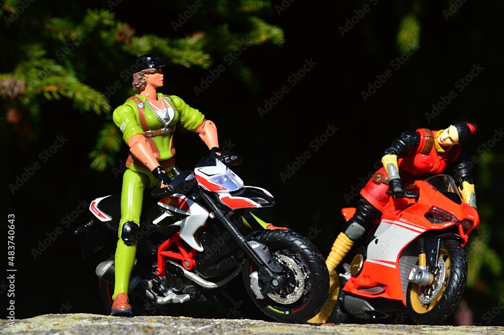 Female GI JOE action figures of bikers on rocky surface with Ducati ...