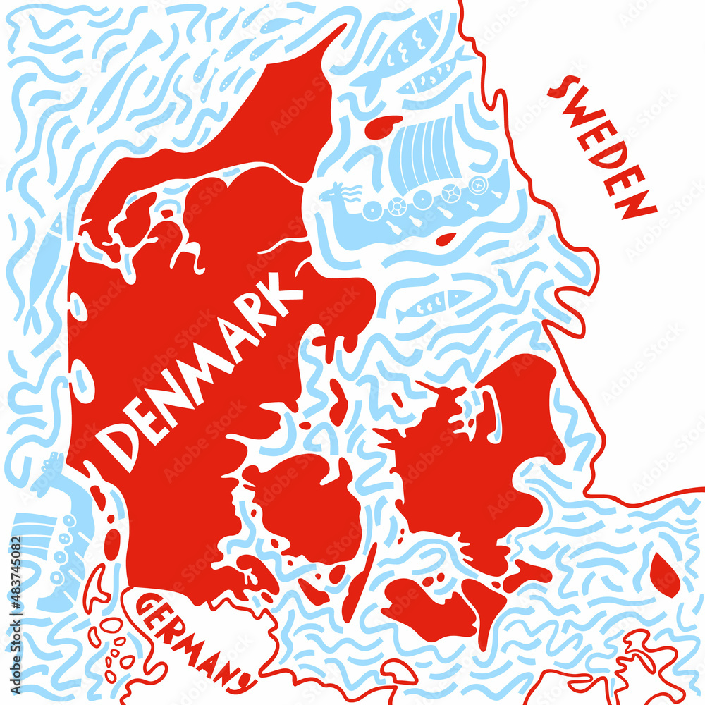 Vector hand drawn stylized map of Denmark neighboring countries. Travel illustration. Kingdom of ...