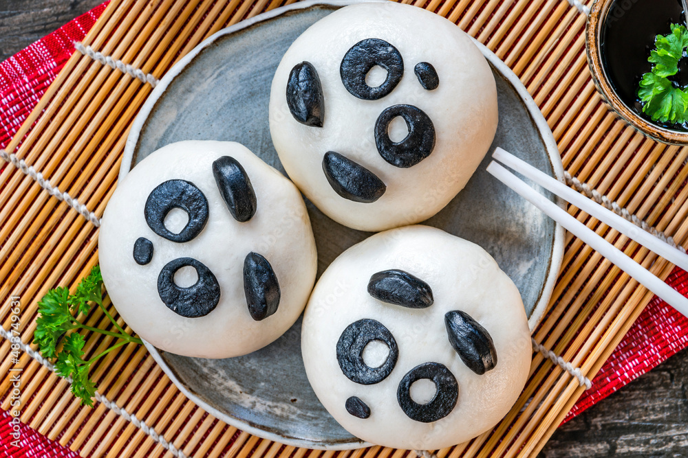 Steamed panda buns with savoury mushroom and hoisin filling. Chinese ...
