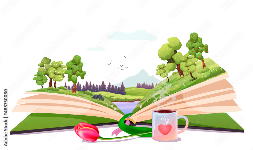 Open book, spring nature inside. Imagination, fantasy, magic in ...