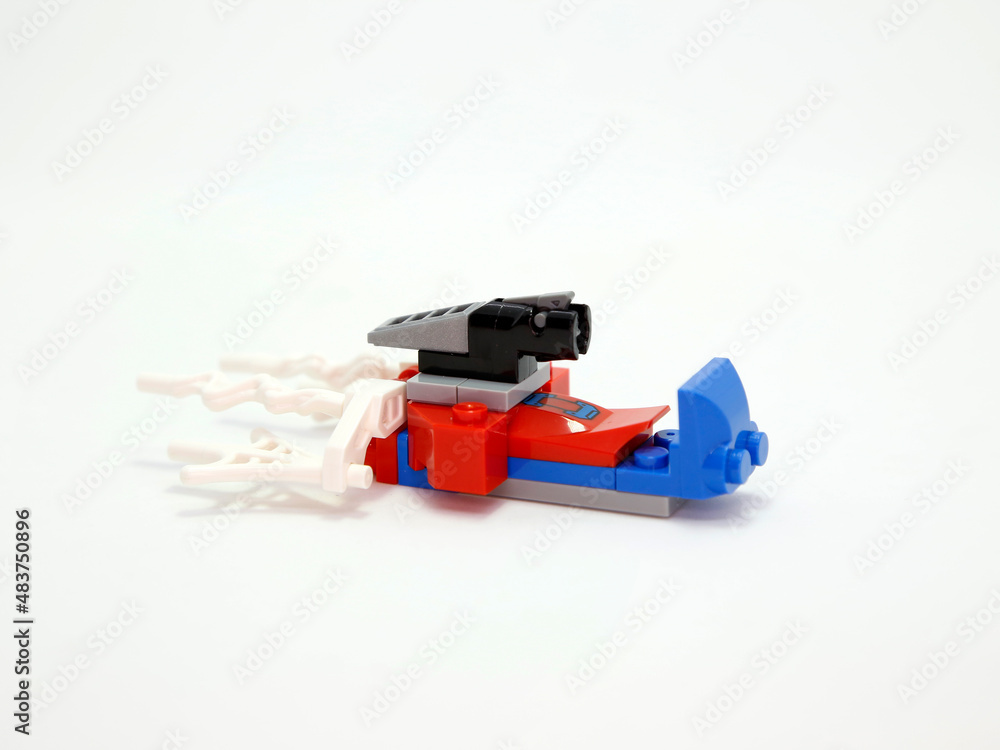 Spiderman's flying vehicle. Lego toy. Isolated white. Spider-man's car ...