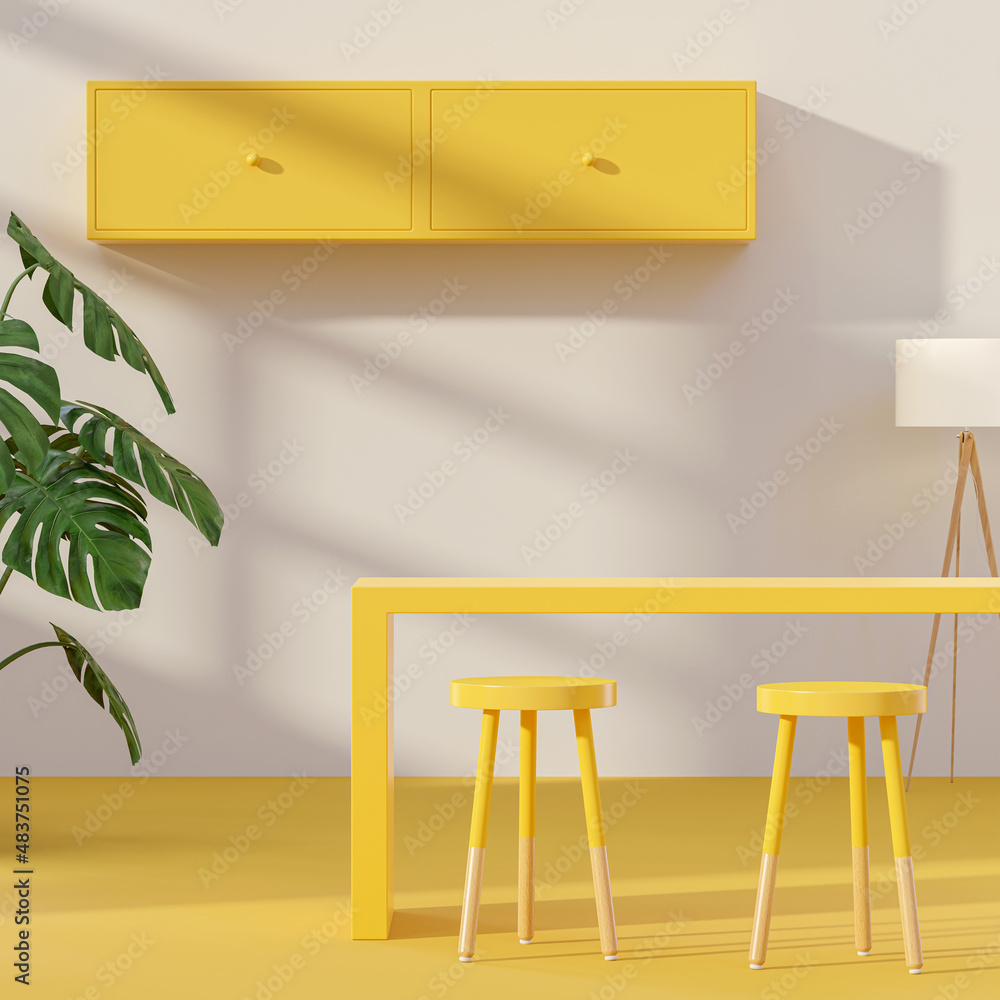 Yellow interior with yellow table interior for product placement 3d ...