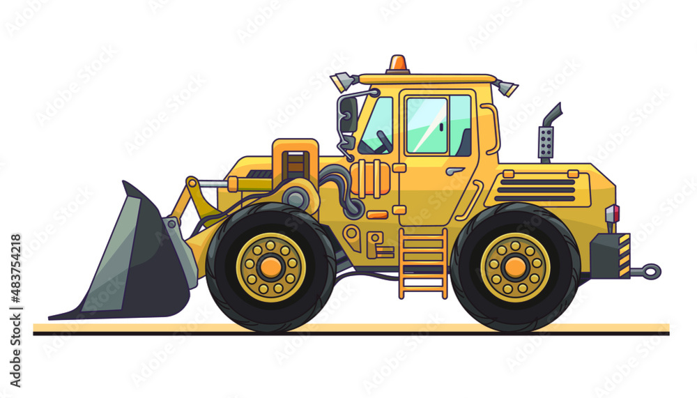 Yellow bulldozer, wheel machine, colorful vector illustration, tractor ...