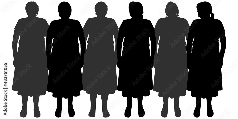 Large-bodied women stand in two lines, one behind the other. Line of ...