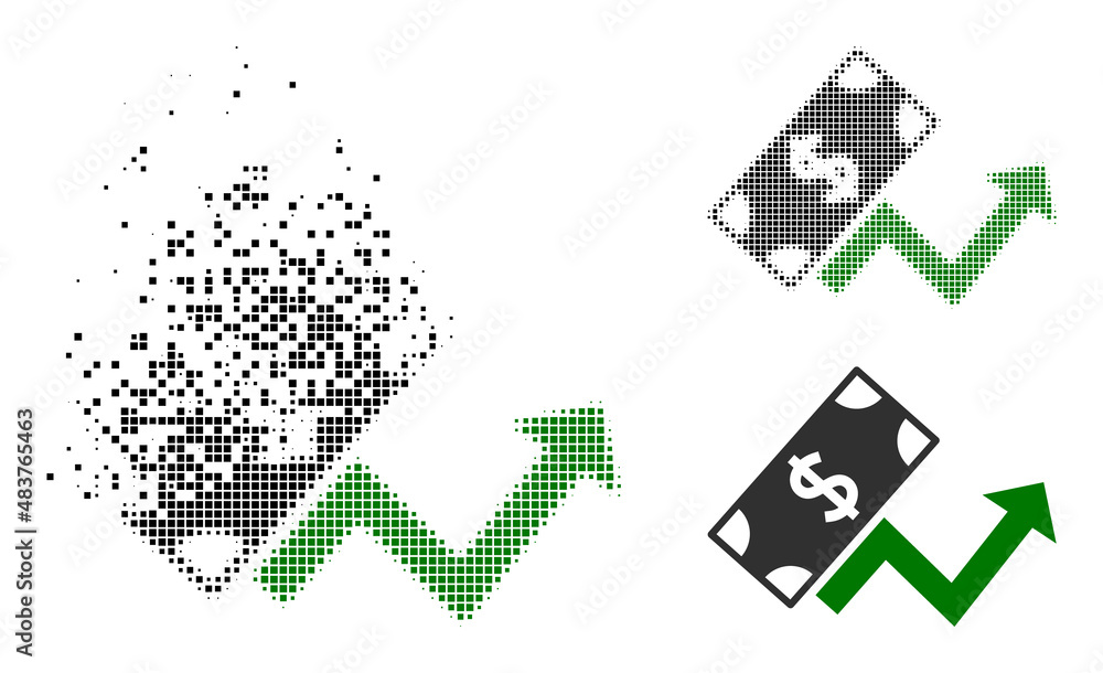 Fractured pixelated dollar growth trend vector icon with wind effect ...