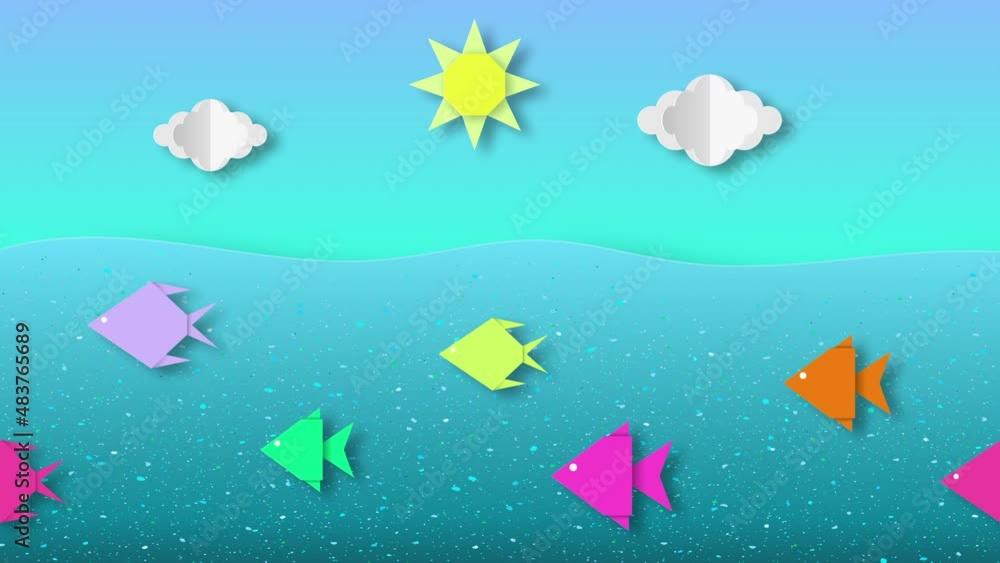 Art papercut background scene with paper origami figures: sun, clouds ...