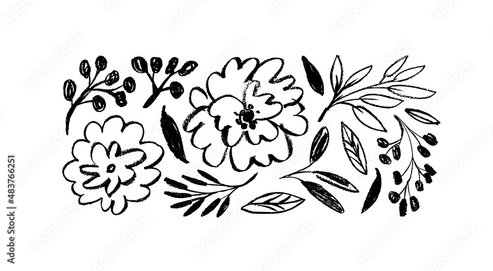 Collection of hand drawn graphic flower and leaves. Floral clip art ...