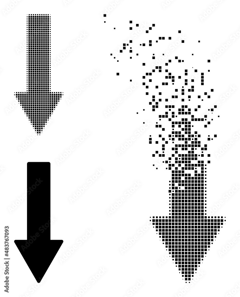 Fractured dot down arrow vector icon with wind effect, and original ...