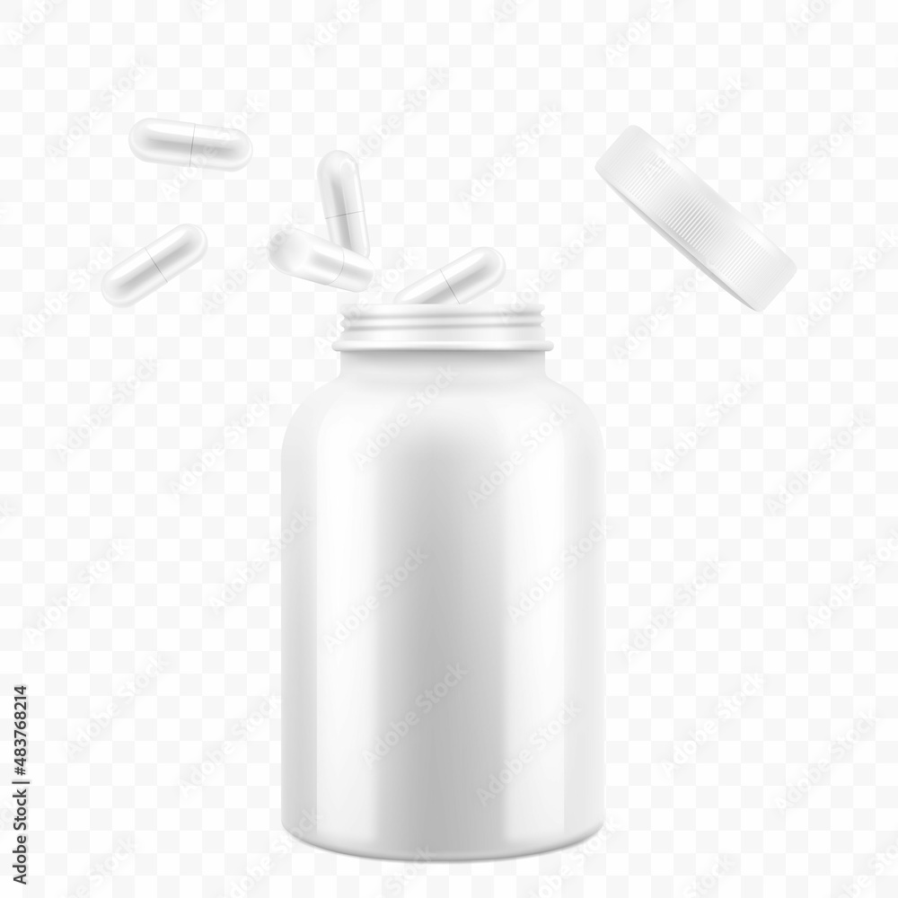 Opened medical pill bottle with falling pills, realistic 3d vector ...