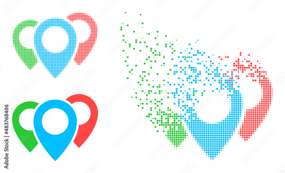 Dispersed dotted map pointers vector icon with destruction effect, and ...