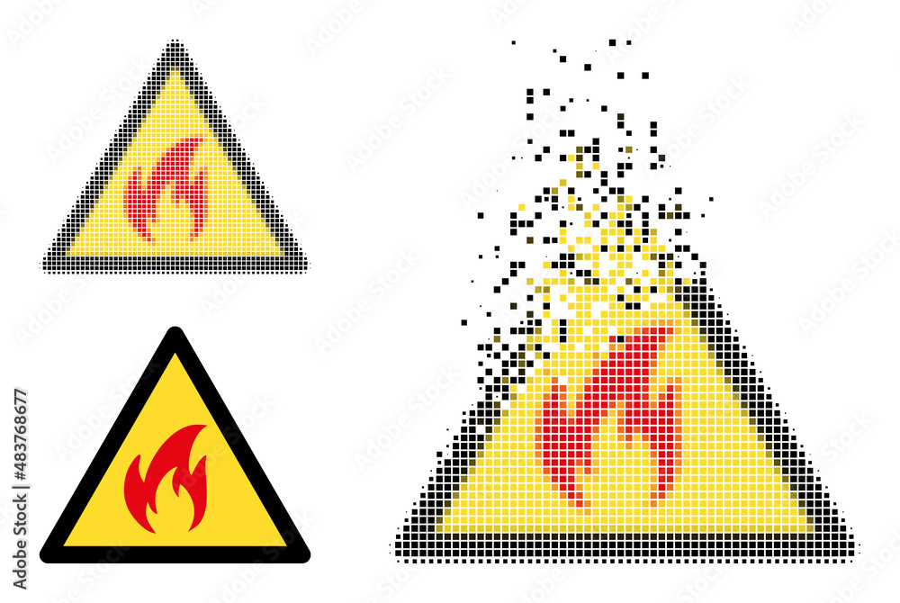 Dispersed dot fire warning vector icon with destruction effect, and ...