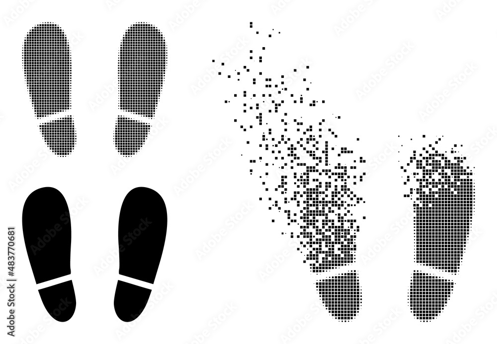 Vetor de Fractured dotted human footprints vector icon with wind effect ...
