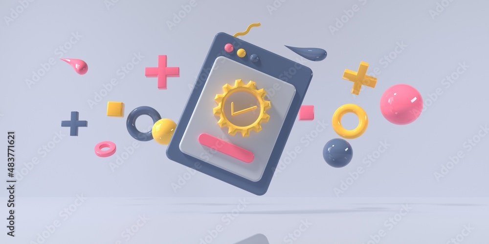 Gear with check mark and flying geometric shapes - 3D render Stock ...