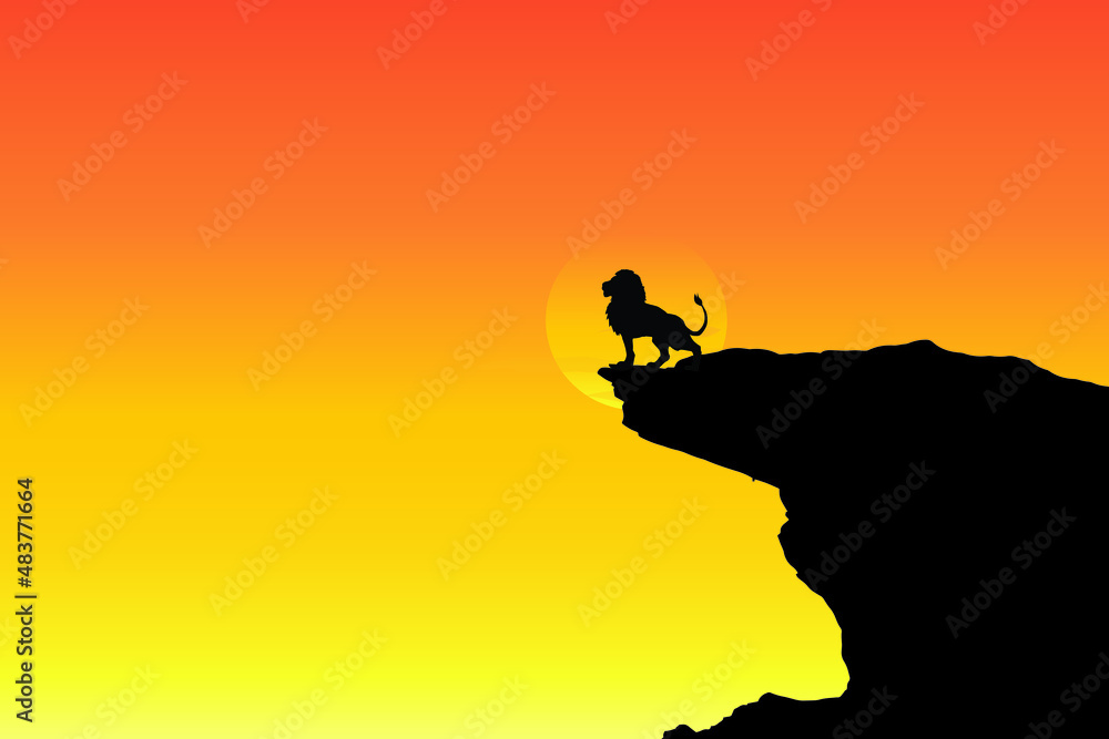 Lion silhouette at unset art vector, lion vector, a majestic pose of a ...