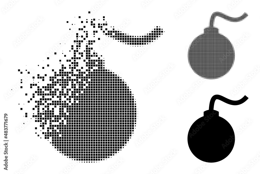 Fractured pixelated bomb vector icon with wind effect, and original ...