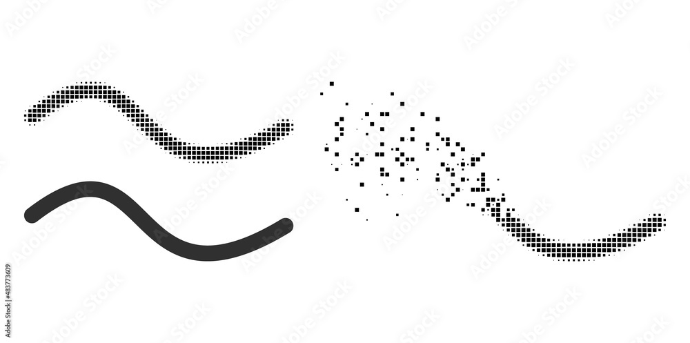 Dispersed dotted wave line vector icon with destruction effect, and ...