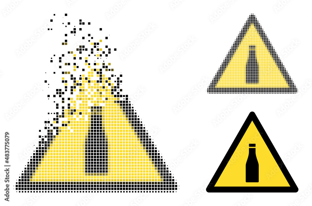 Dispersed pixelated beer bottle warning vector icon with wind effect ... Dispersed pixelated beer bottle warning vector icon with wind effect ...