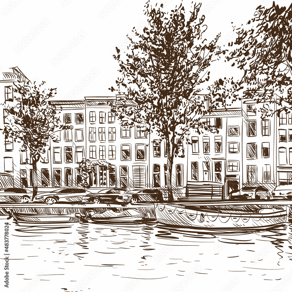 Amsterdam city sketch hand drawn, vector illustration Stock Vector ...