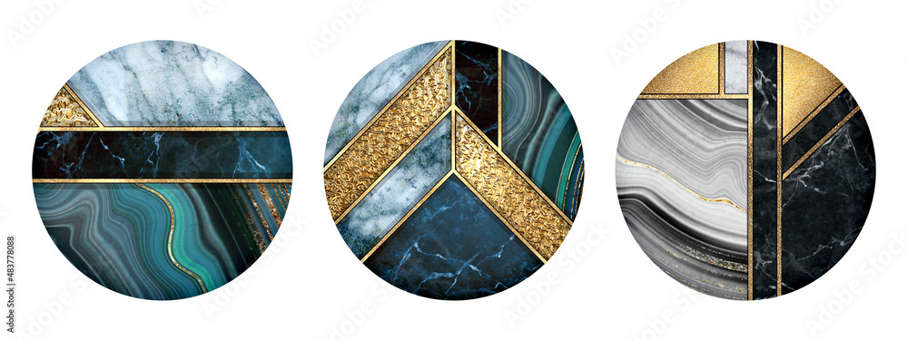 collection of abstract round stickers and labels with marble inlay ...
