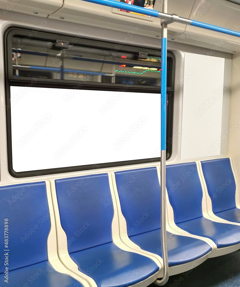 Poster Train station and empty seats commuter with blue color interior ...
