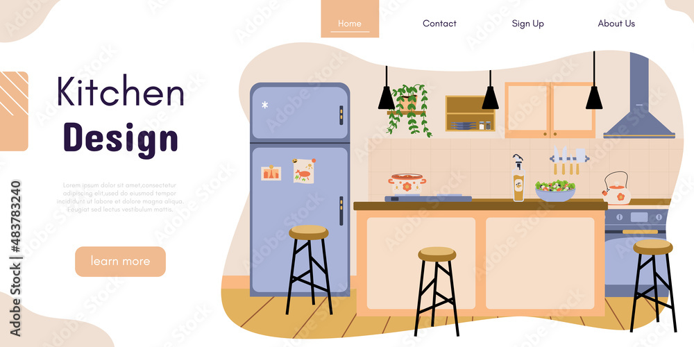 Kitchen interior design vector banner. Dining room decoration. Modern ...