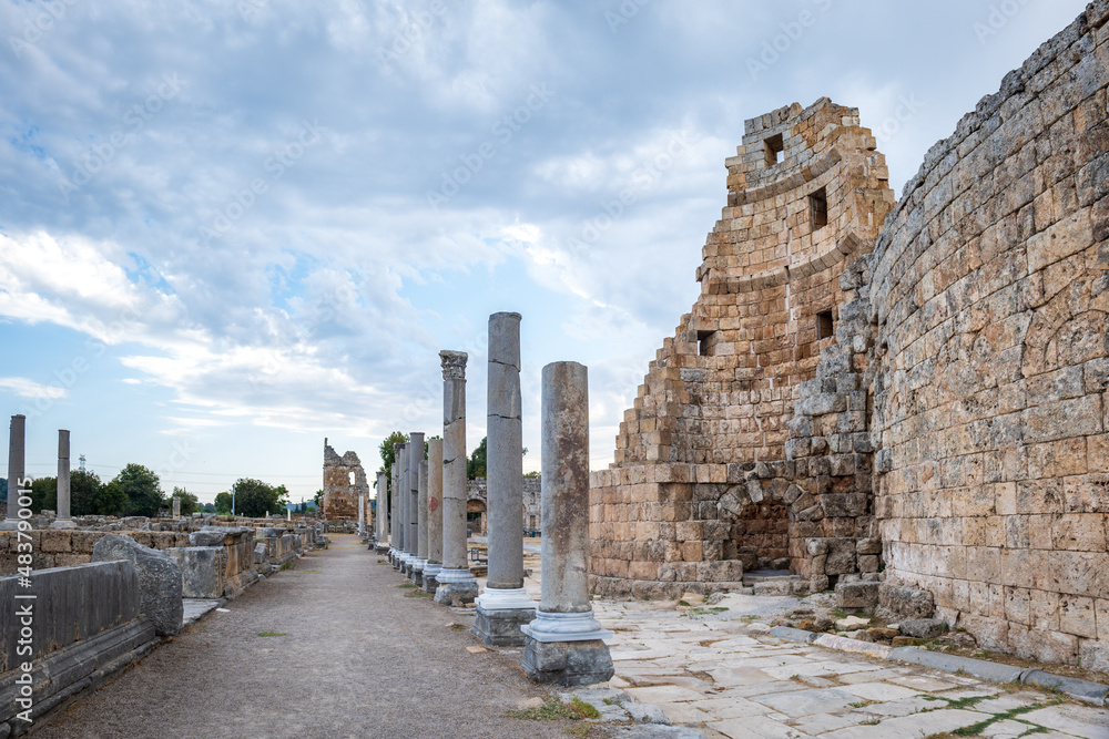 Perge ancient city archaeological site in Antalya, Turkey. Perge was a ...