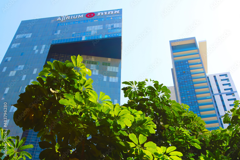 Ramat Gan, Israel - September 17.2017: Amot Atrium Tower (left) and Time tower (right). Amot ...