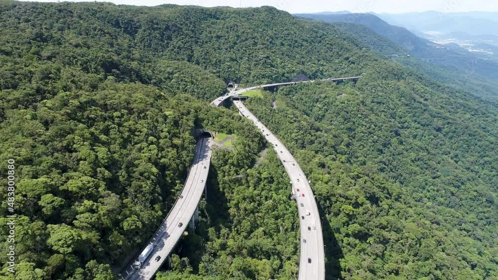 Aerial landscape of Imigrantes highway road at green forest trees and ...