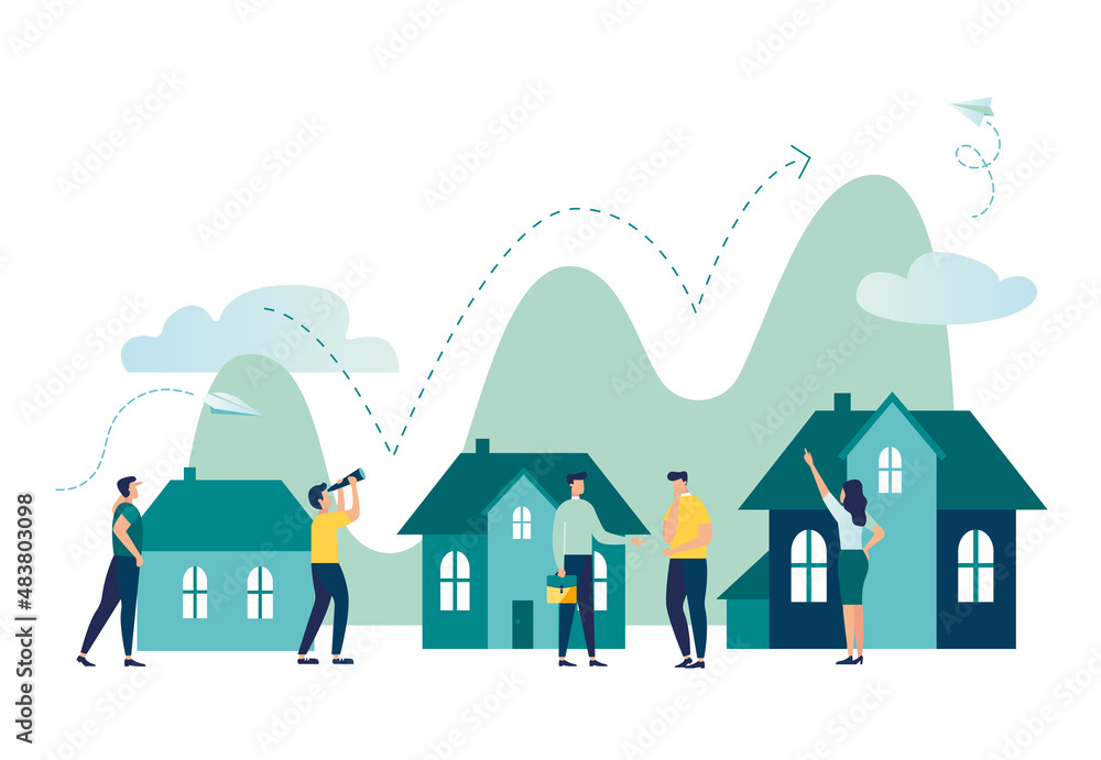 Real estate house business concept with houses, rising real estate ...