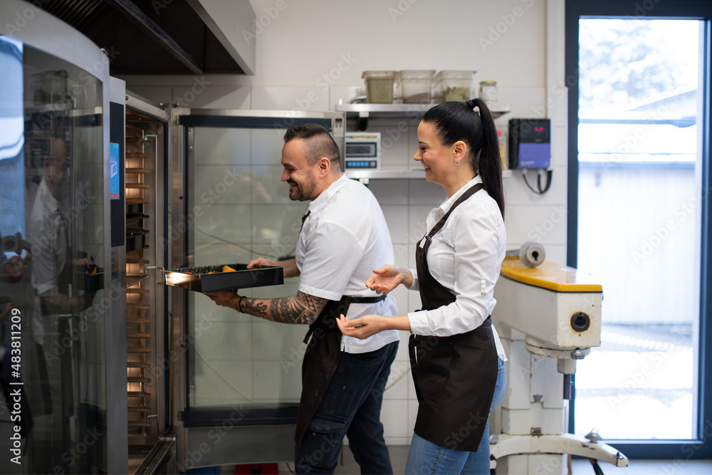 Happy chef and cook working on their dishes indoors in restaurant ...