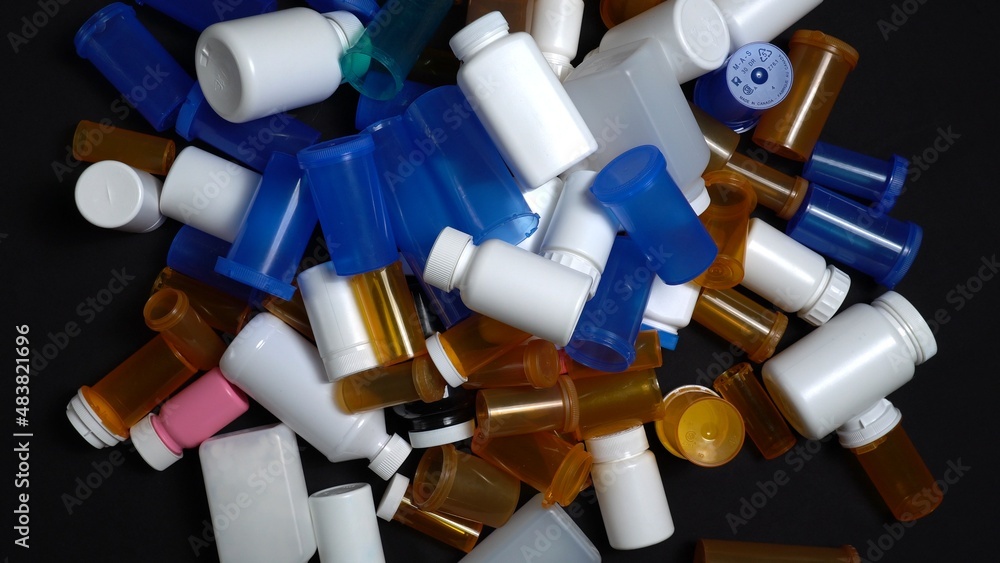 Medical waste. Empty pills bottles or packs for medications. Disposing ...