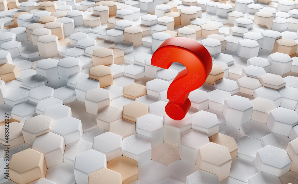 Hexagons and red question mark. Business background, 3D rendering ...