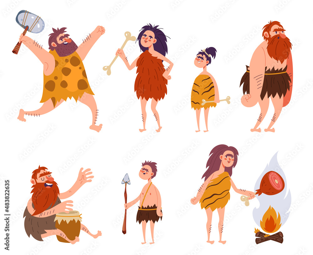 Cavemen barbarian family tribe characters isolated set. Vector flat ...