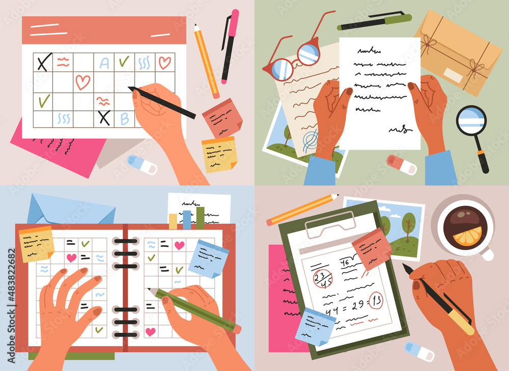 People workers hand arms reading writing and planning isolated set ...