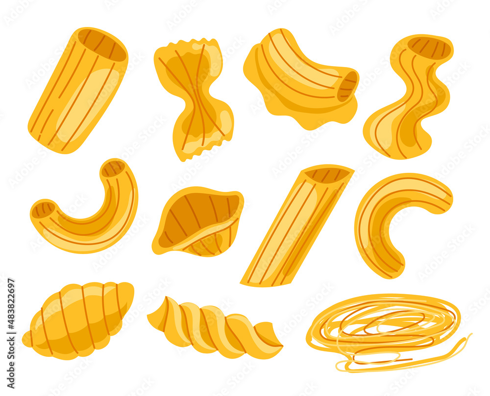 Different type of pasta noodles isolated set. Vector flat graphic ...