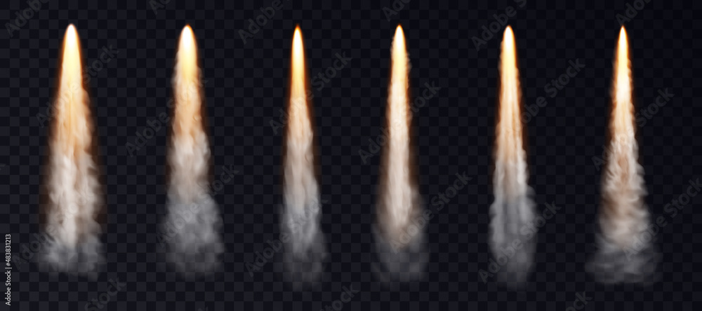 Rocket fire and smoke trails, realistic spacecraft startup launch ...