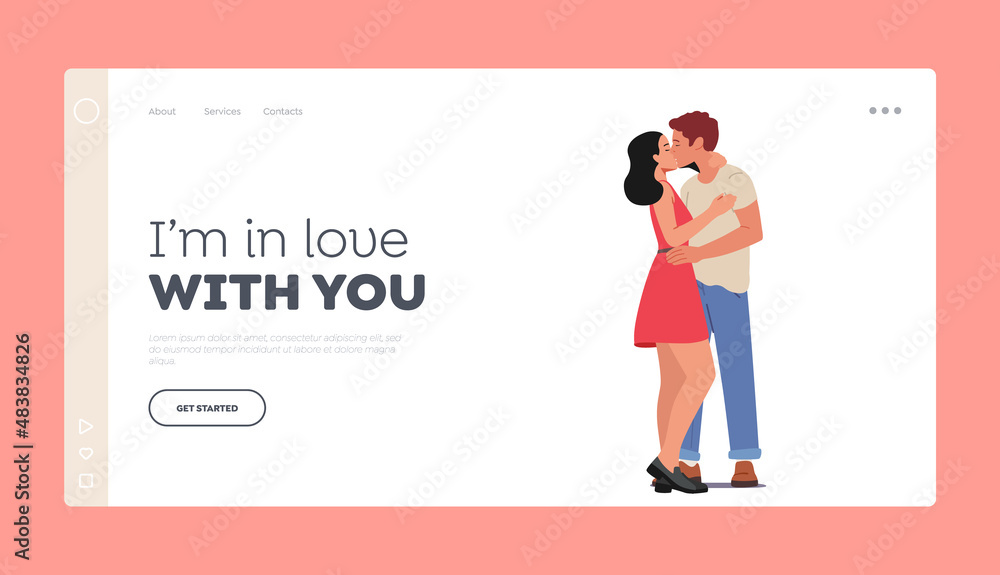 Loving Couple Kissing Landing Page Template. Male and Female Characters ...