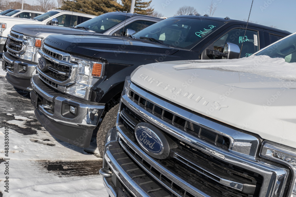 Ford F-250 display at a dealership in snow. The Ford F250 is available ...