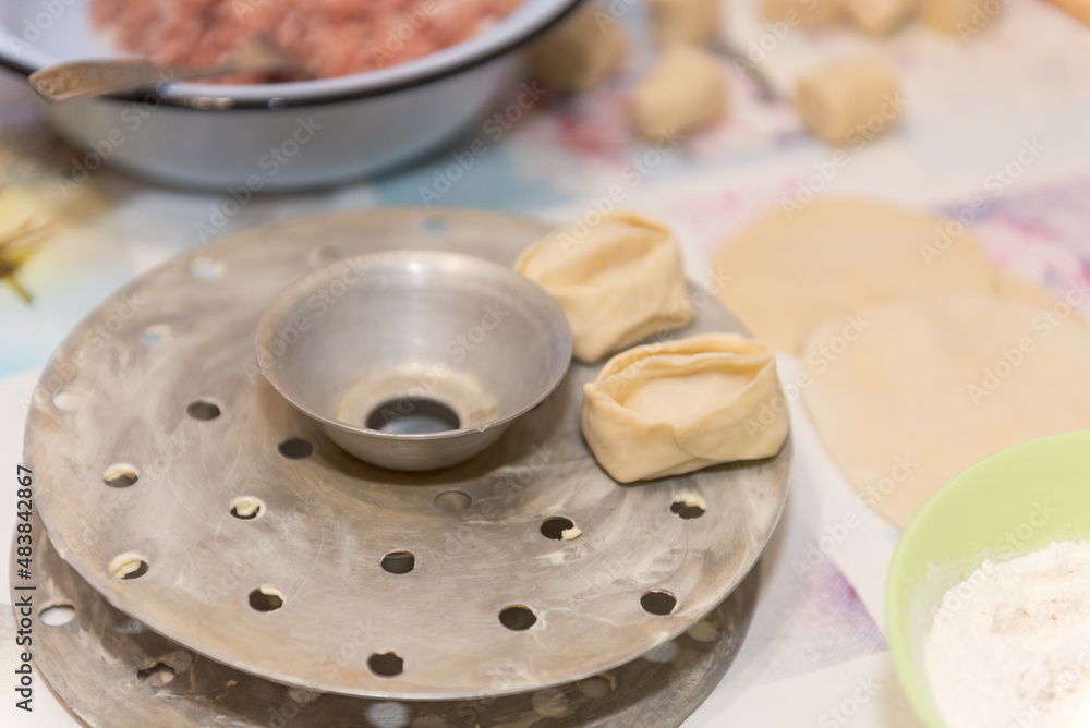Manti with meat. National traditional food. Dough with meat. Russian ...