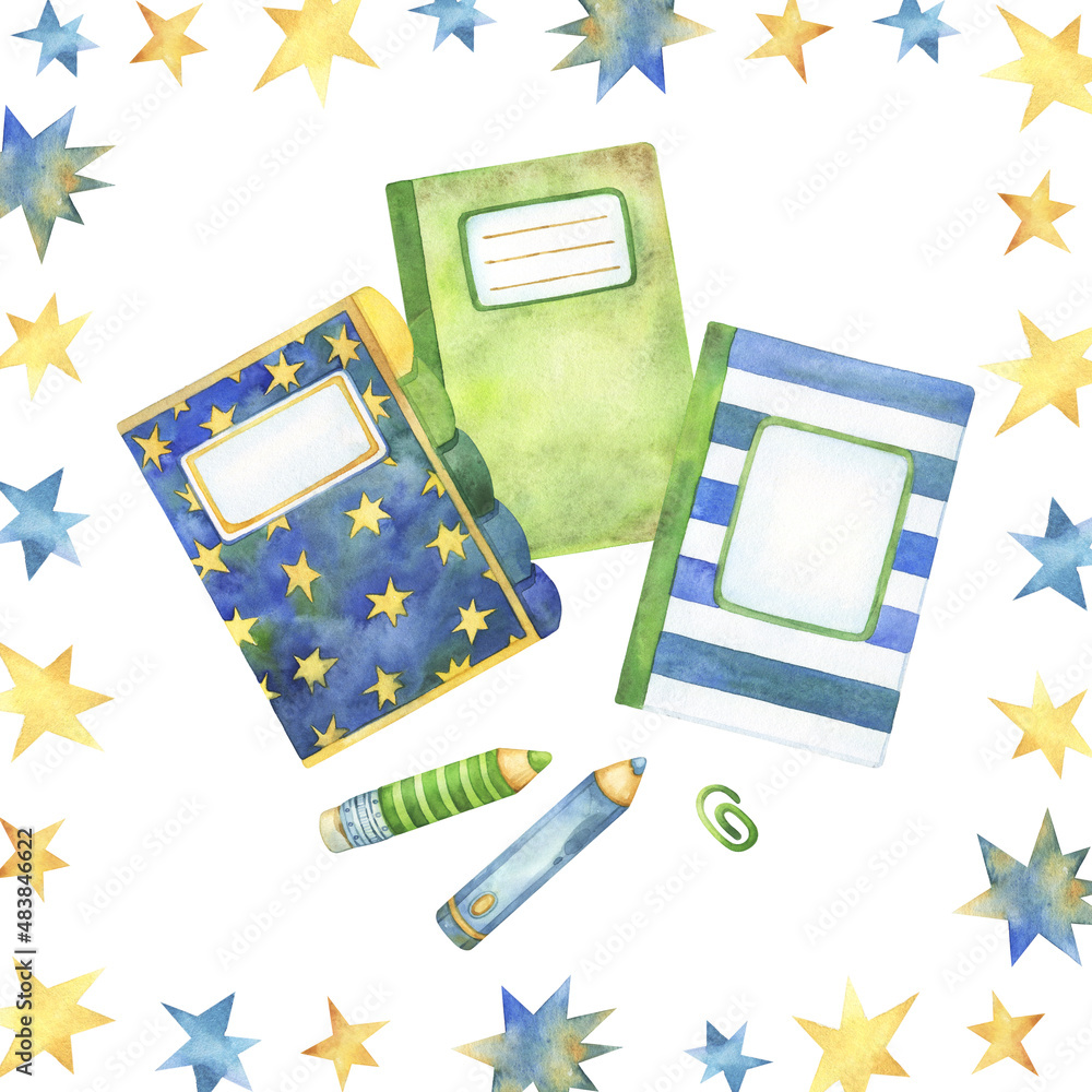 Square watercolor star frame with a planning or school related ...