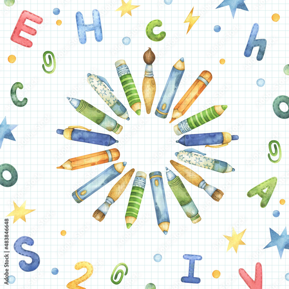 Square watercolor whimsical letters, dots and stars frame, kids ...