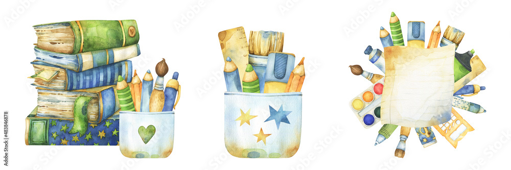 Set of three premade designs with watercolor clip art, including stack ...