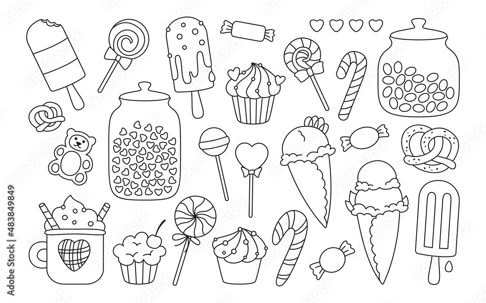 Sweets doodle set, jelly bear, spiral lollipop, pretzel caramel. Kawaii ...