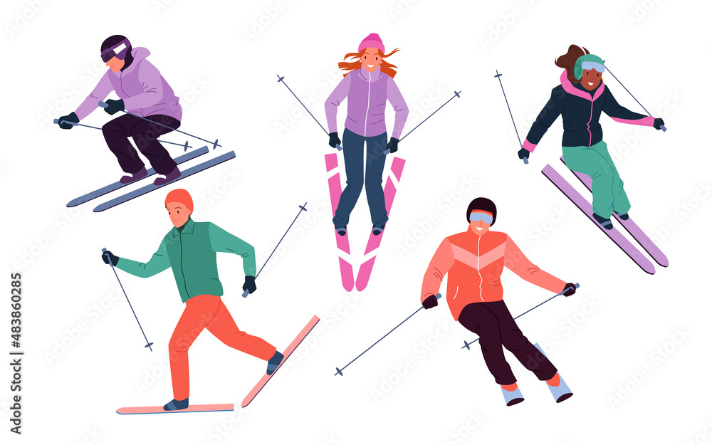 Cartoon active adult characters in goggles hold ski poles, jump and ...