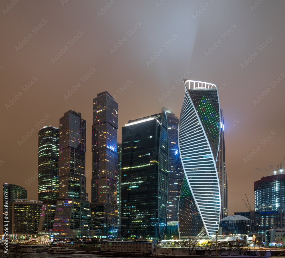 Moscow city at winter night. Modern skyscrapers in Moscow-city downtown ...