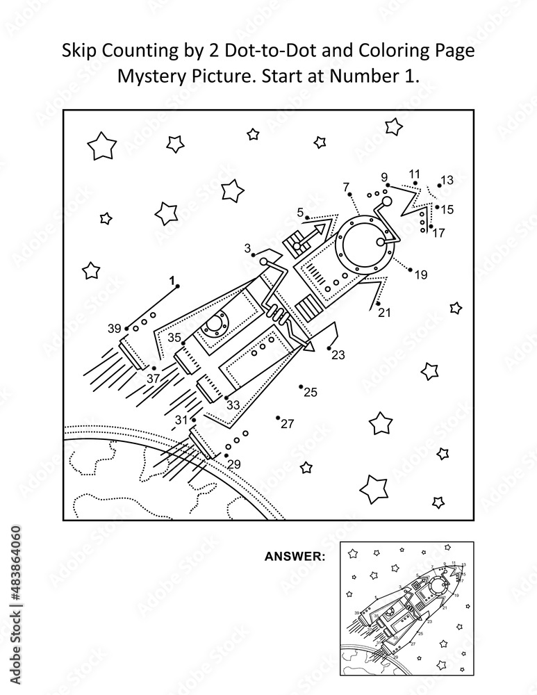Skip counting connect the dots picture puzzle and coloring page, space ...