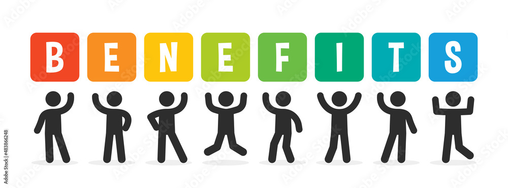 Benefits word banner. Group of people holding sign Benefits text in colorful design. Stock ...